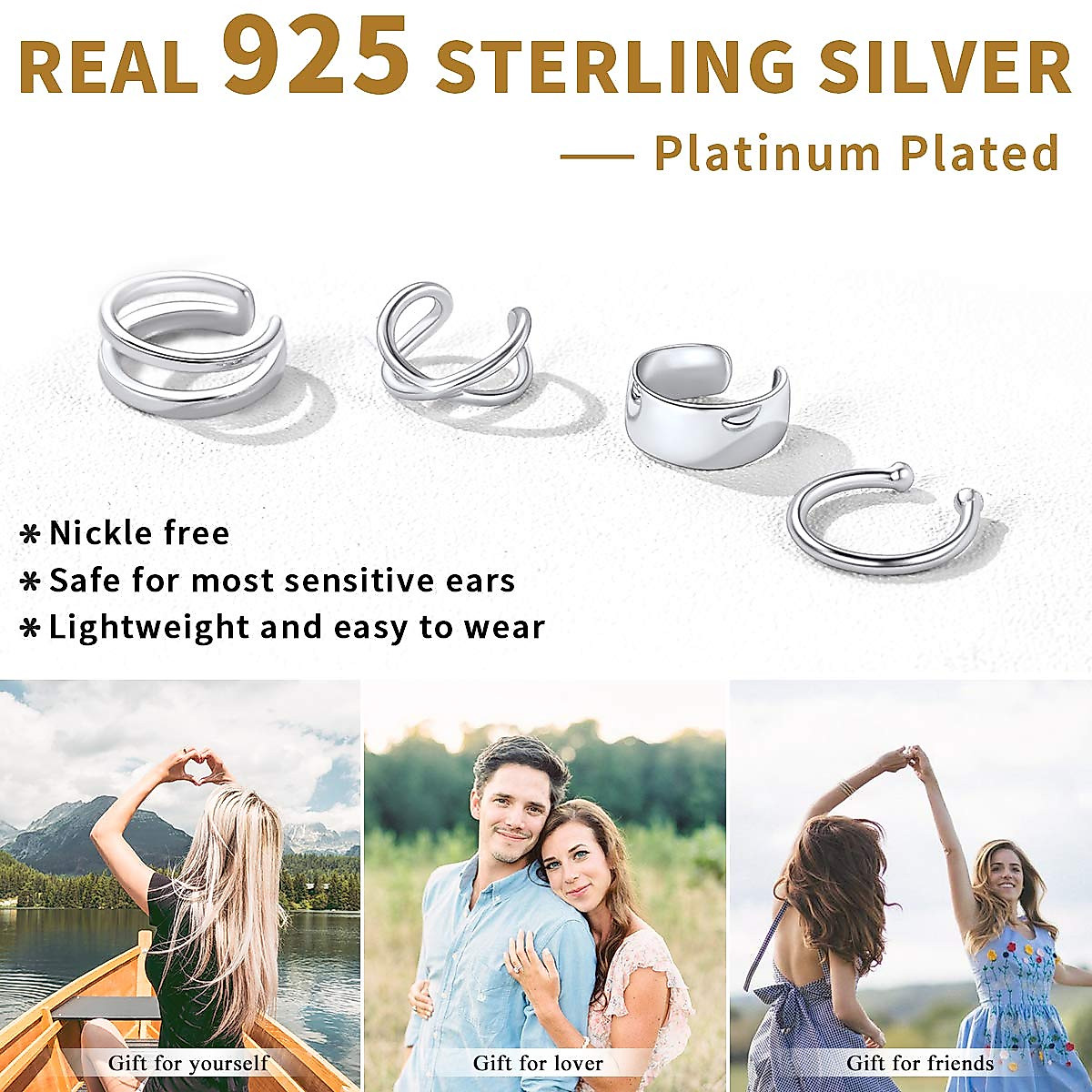 ChicSilver 4 PCS S925 Sterling Silver Criss Cross Ear Cuff No Pierce Ear Cuff Sets Double Simple Lines Ear Cuff Fake Cartilage Earring Helix Piercing