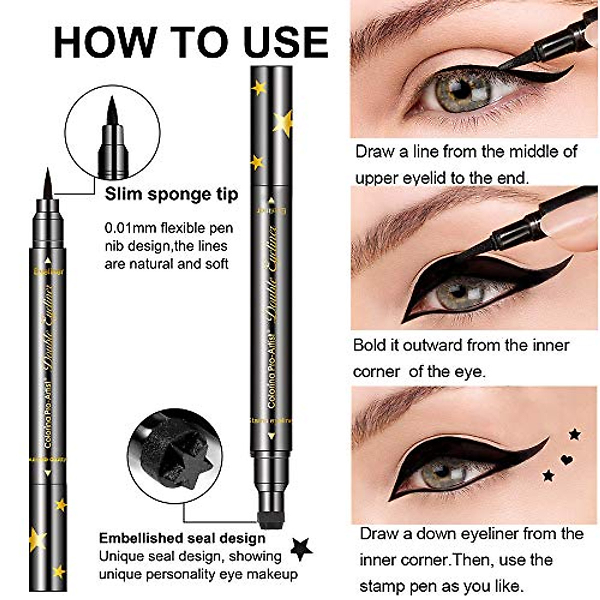 6 Styles/Set Pen Eyeliner Stamp Wing Liner, Waterproof, Double Sided & Long Lasting Eye Pencil, (Heart/Moon/Star/Flowers) Shape Stamp Pen, Super Slim Gel Felt Tip High Black Pigment (6PCS)