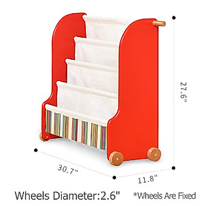 Bolocon Kids Car-Shaped 5-Tier Sling Book Rack Features Two Top Handles for Toddler Boys and Girls Gift,Storage Bookcase Bookshelf Organizer with Deep Canvas Sleeves (Racing Red)