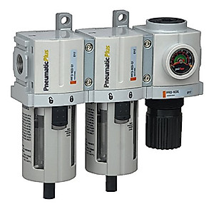 PneumaticPlus PPC3C-N02G 3 Stage Compressed Air Drying System- Particulate Air Filter, Coalescing Filter & Air Pressure Regulator Combo 1/4" NPT (High Flow), Poly Bowl with Guard, Manual Drain