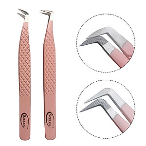 SZELES Fiber Tip Tweezers Diamond Grip Eyelash Extensions Tweezer Anti-Slip solation Volume Lash Tweezers For Lash Tweezers (FTT1-PINK) (FTT1-PINK)