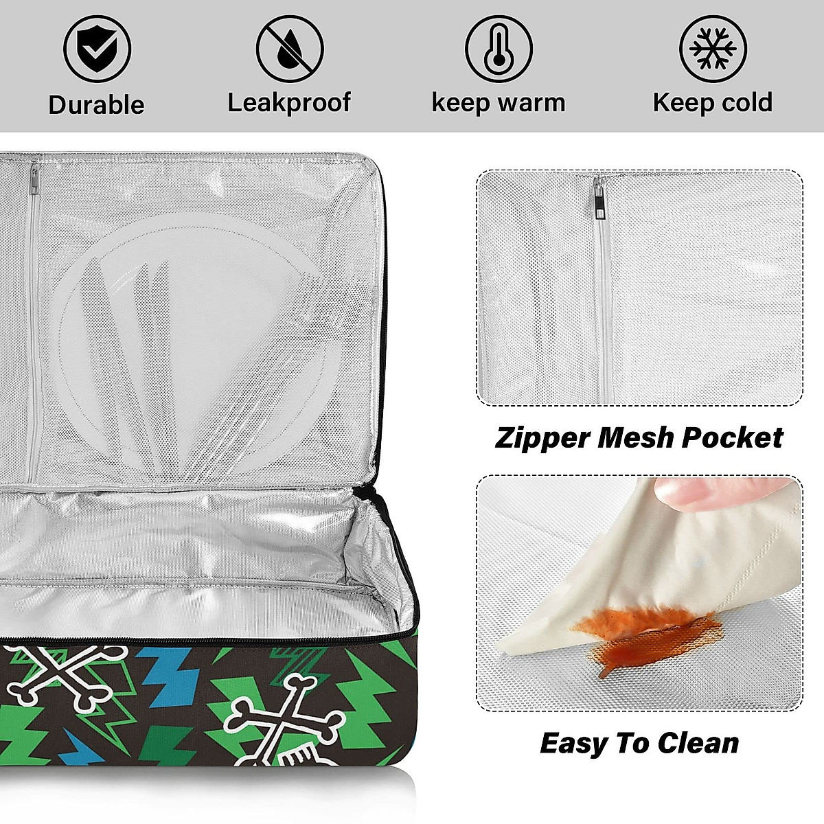 NFMILI Casserole Carrier for Hot Cold Cute Skull Lightening Print, Insulated Food Delivery Bag Reusable Warmer Carrier Bag with Inner Pocket Aesthetic Print 15.75×11.81×3.94 inch