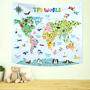 BASHOM TP-001 Animal World Map Tapestry Poster for Kids Educational learning Wall Hanging for Bedroom Living Room Nursery Dorm Home Decor 60''x50''(150x130cm)