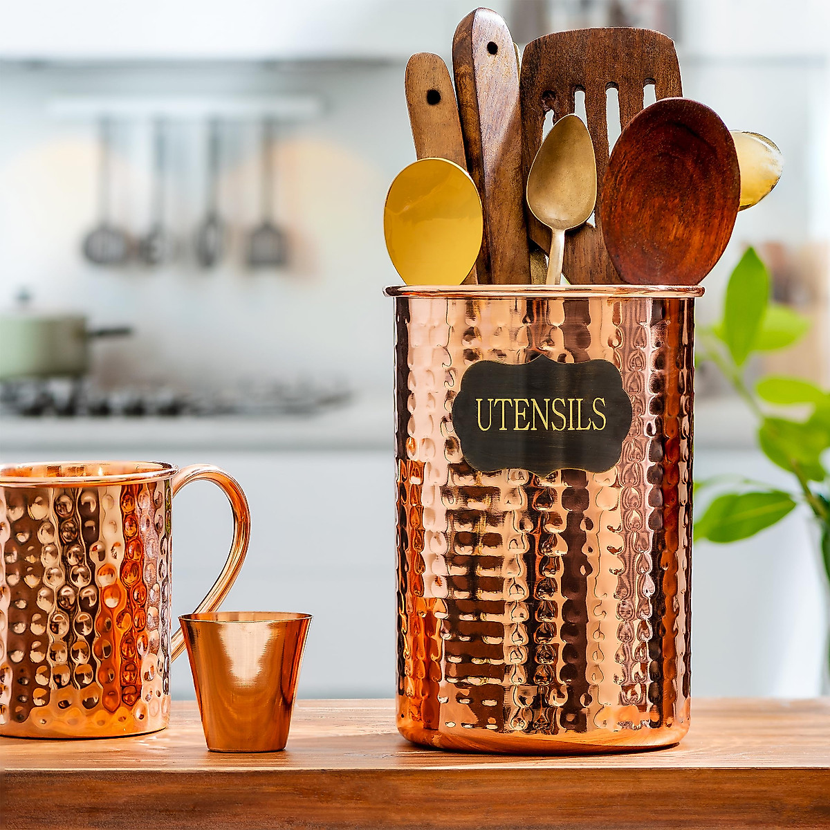 Moscow-Mix Kitchen Utensil Holder Caddy - Kitchen Utensils Accessories Tools Cutlery Spoon Set Holder Organizer Caddy - Copper Plated Stainless Steel Hand Hammered Caddy
