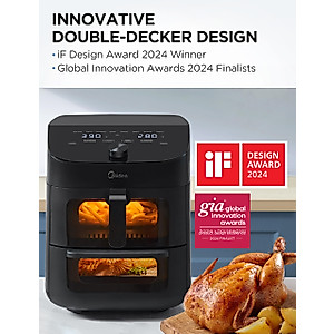 Midea Dual Basket Air Fryer Oven 11 Quart 8 in 1 Functions, Clear Window, Smart Sync Finish, Works with Alexa, Wi-Fi Connectivity, 50+ App Recipes for family meals, Bake, Roast, Grill, Broil, Toast