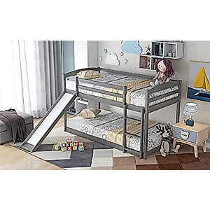 Tidyard Twin Over Twin Bunk Bed with Convertible Slide and Ladder, Gray for Bedroom Dorm Guest Room Home Furniture