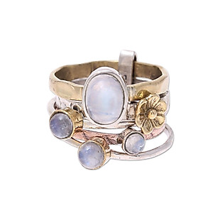 NOVICA Artisan Handmade Rainbow Moonstone Cocktail Ring Mixed Metals Floral from India Copper .925 Sterling Silver Brass Clear Multi Gemstone 'Rain Flowers'