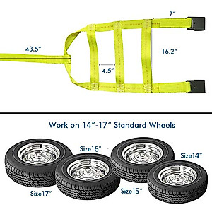 Autofonder 2Pc Tow Dolly Basket Straps with Flat Hook for 14"-17" Tires -10,000 lbs Breaking Strength Tire Bonnet&Tire Net -2” Over Wheel Car Basket Tie Down Straps with Axle Straps,Carrying Bag