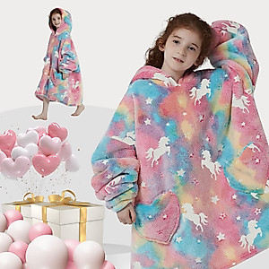 Wearable Blanket Hoodie for Kids Oversized Sherpa Blanket Hoodie for Kids Boys Girls Teens 6-13YR,Glow in The Dark Rainbow Unicorns
