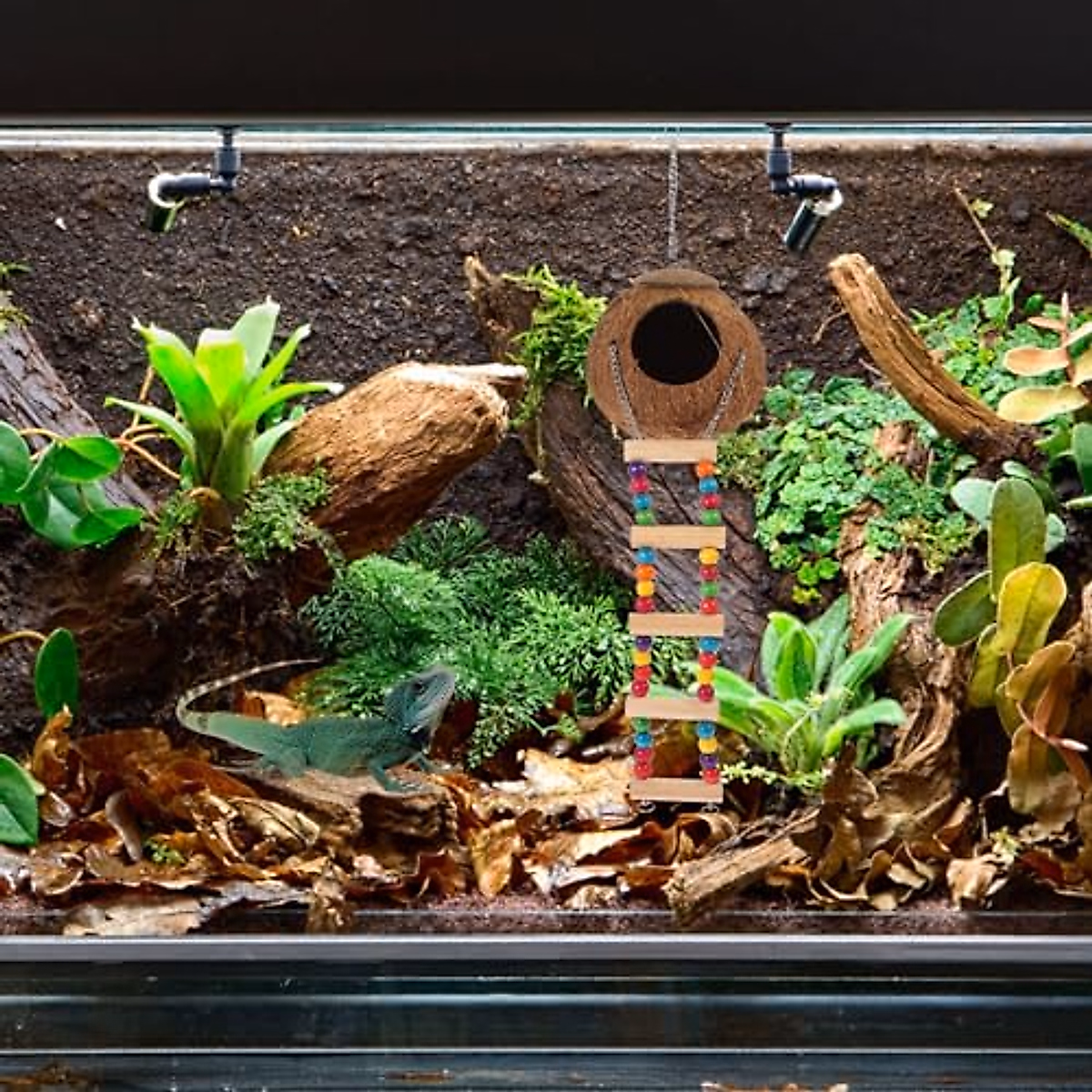Ipetboom Toys Reptile Decor Terrarium Hideout House for Pet Hideout with Ladder Toy Bed for Pet Breeding Nest Hanging Hideout Nest with Ladder Sleeping Nest Coconut Wooden Parrot Supplies