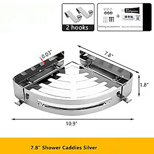 KEIJO 2-Pack Corner Shower Caddies Bathroom Shelves with 4 hooks,No Drilling,Stainless Steel,Shower Storage Organizer for Kitchen, Dorm and Toilet with Adhesive (Silver)