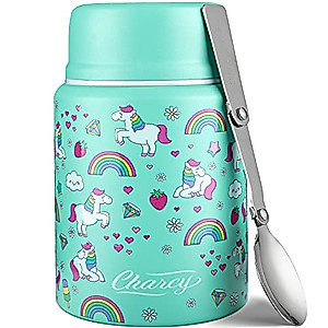 Charcy 17 Ounce Kids Thermos for Hot Food - Soup Thermos with Folding Spoon - Insulated Food Jar for Hot & Cold Food - Green Horse