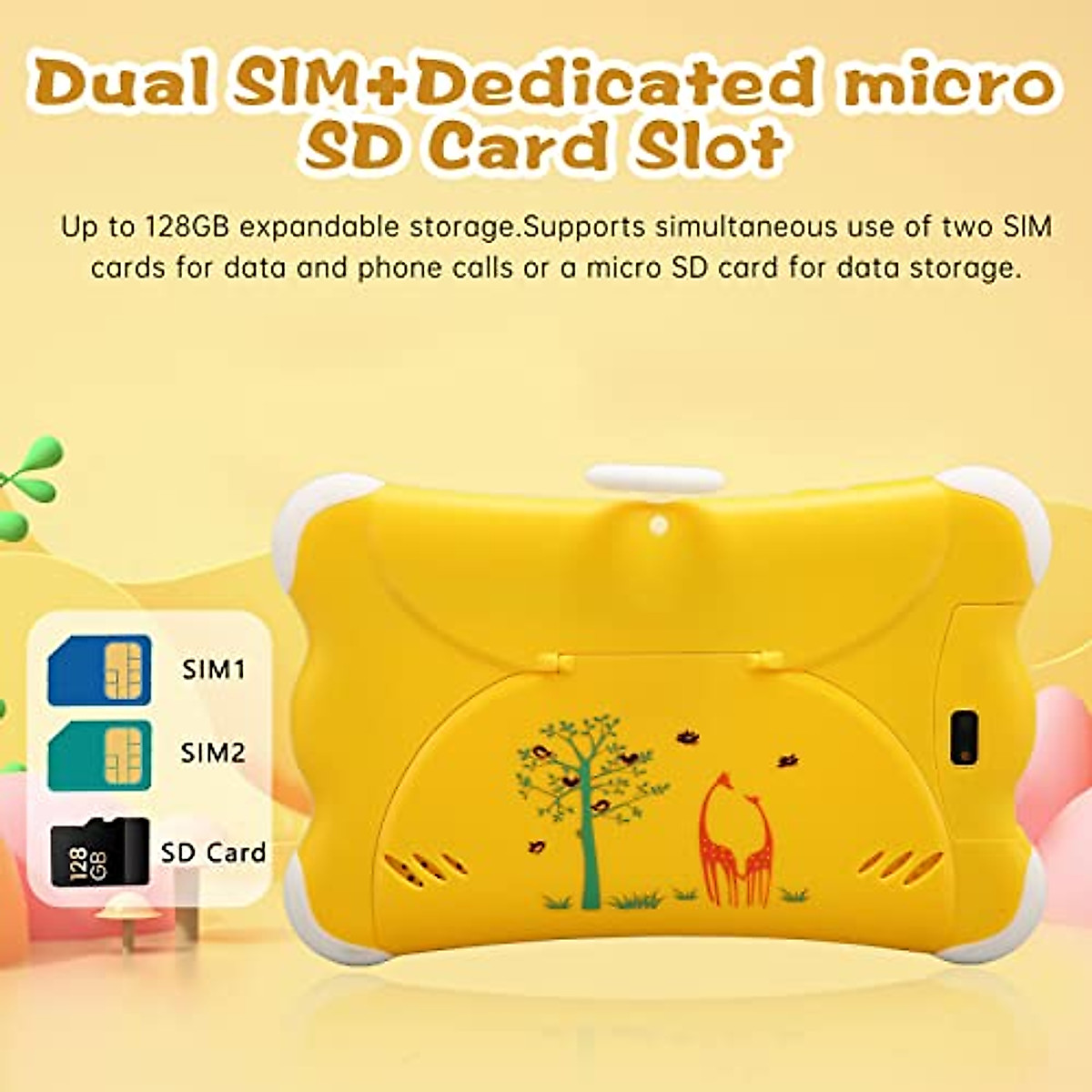 Acogedor Kids Tablet, 7 inch HD Display, 3GB RAM and 32GB ROM, Dual SIM Dual Standby Talkable Toddler Tablets with Dual Camera, Kid Proof Case, Yellow