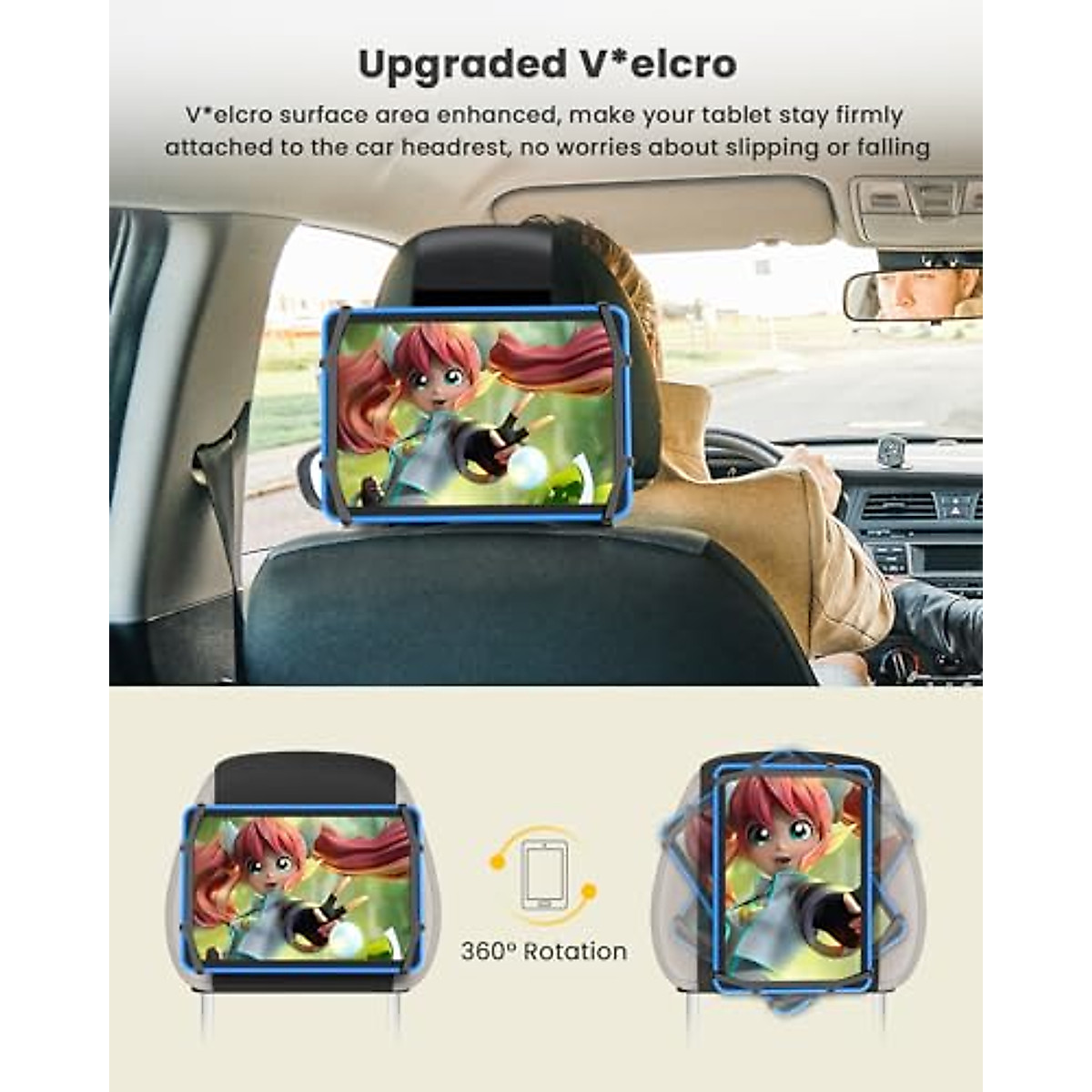 WONNIE Tablet Holder for Car, Upgraded iPad Holder for Car Back Seat Headrest Mount Holder for Kids with Anti-Slip Strap,Silicone Holding Net/Fits All 7-12.9'' Tablets