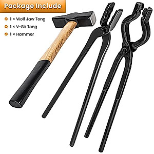 Blacksmith Tongs+Hammer Set Knife Making Tongs Wolf Jaw V-Bit Tongs Starter Beginner Bladesmith Metalworking Forge Anvil Vise Tool 0000811-1000 (3 PCS)