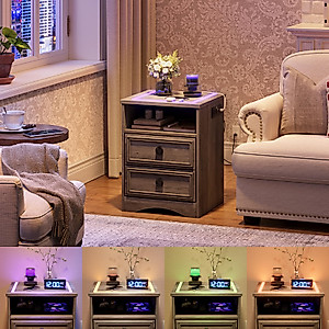 Nightstand with Strip Lights,USB Outlets Set of 2, Night Stand with Drawers, Accent Bed Side Table and End Table with Open Storage for Bedroom, Living Room,Gray