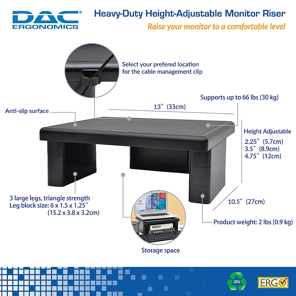 DAC STAX Computer Monitor Riser, Ultra-Sturdy Adjustable Desktop Monitor Stand, Supports up to 66 Pounds, Medium Size, 2-Pack, for Dual Monitor Setup