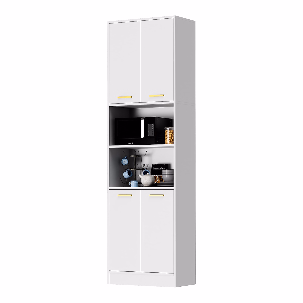 Kitchen Pantry Storage Cabinet 75" Tall 4 Doors Wood Freestanding Cupboard with Open Countertop and Adjustable Shelves Utility Hutch Cabinet for Dining Room Living Room Laundry Bathroom, White