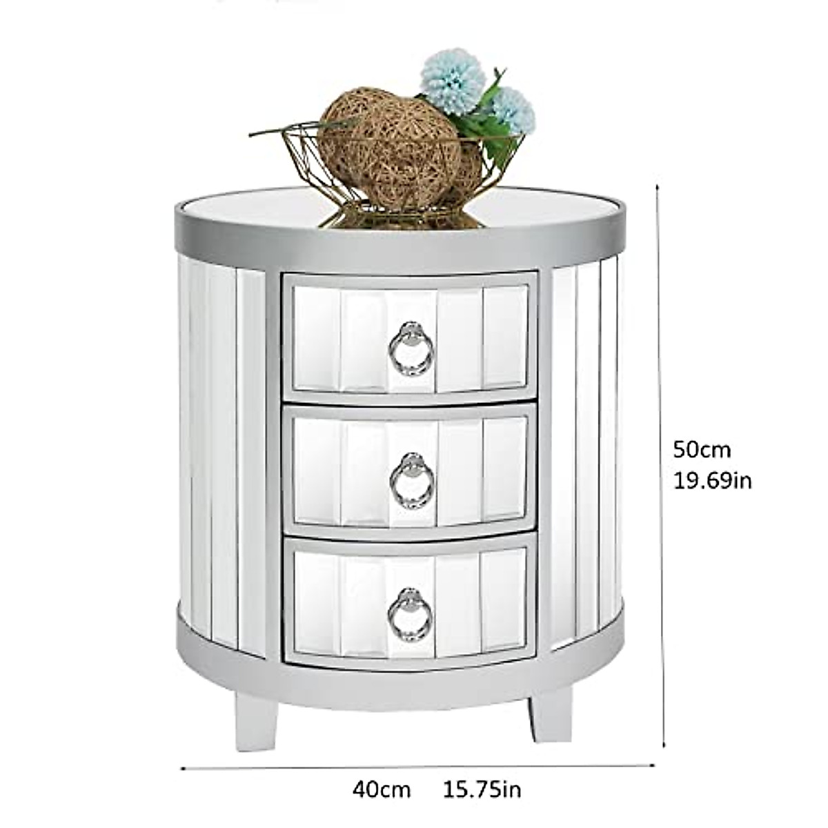 FFNUM Bedside Table Round Bedside Table 3 Drawer Mirror Bedroom Living Room Storage Cabinet Side Cabinet Furniture Mirror Cabinet Night Stand