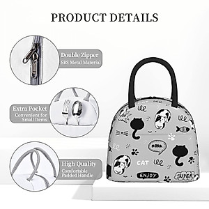 Oplp Cute Cats Fish Cat Paws Lunch Bag Box Meal Prep Insulated Handbag Reusable Lunch Container