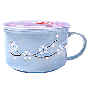 Whitenesser Asian Noodle Bowls with Lid and Handle, Japanese Style Microwavable Ceramic Noodle/Soup Bowls Lid with and Handles (Blue)