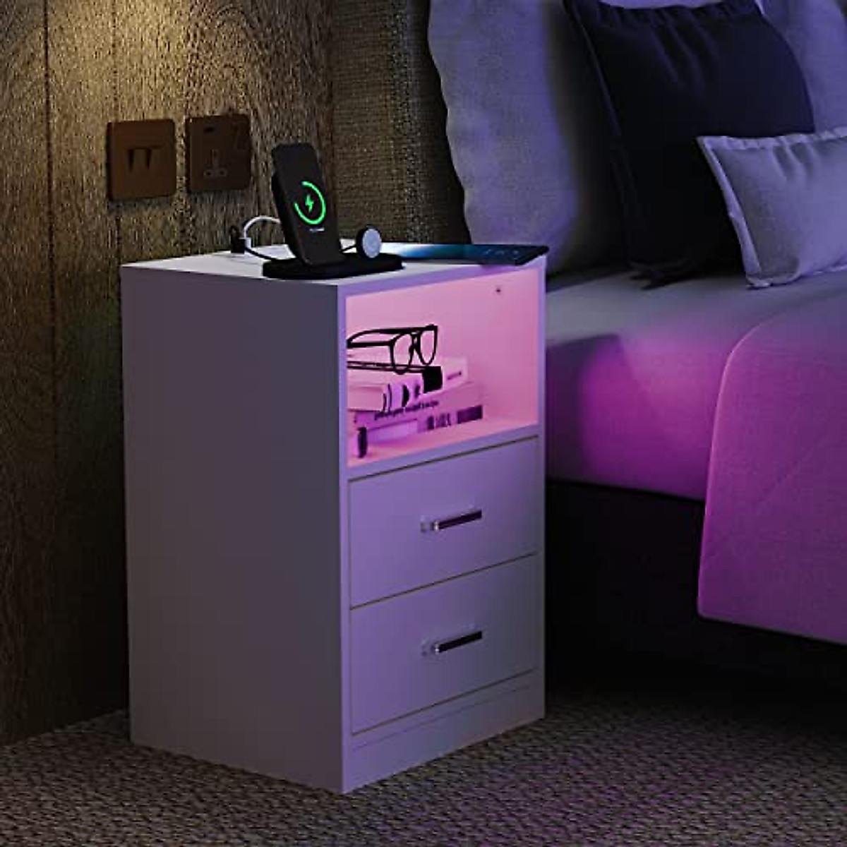 PrimeZone LED Nightstand with Charging Station - Modern End Table Bedside Table with USB Ports & Outlets, Wooden Bedroom Night Stand with 2 Drawers & Open Storage, White