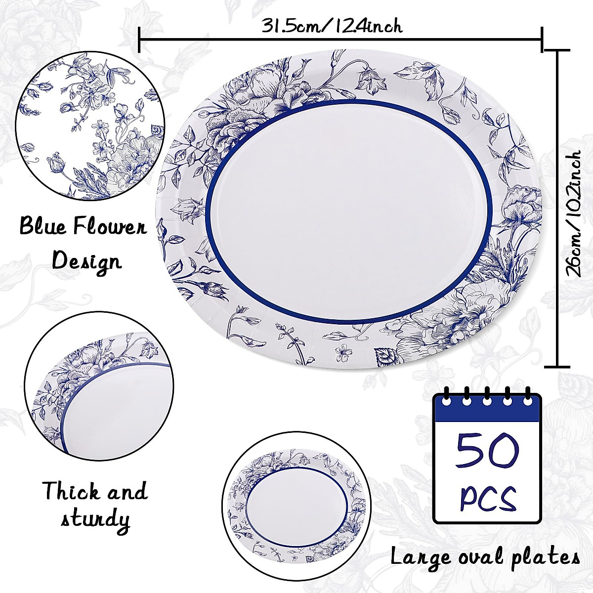 TWOWYHI 50PCS Paper Plates 12Inch Oval Paper Plates Heavy Duty Dinner Disposable Plate for Party with Blue Floral Style for Tea Party Birthday Wedding Birdal Shower Party Supplies