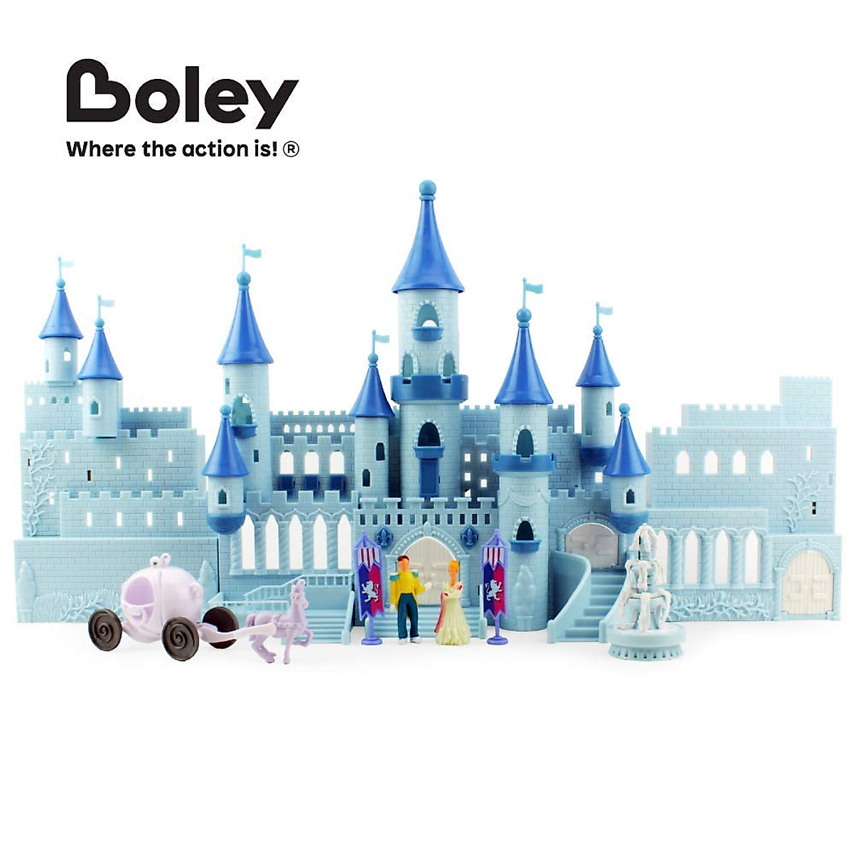 Boley Princess Castle Dollhouse - Small Plastic Doll House Pop-Up Castle Kit with Furniture and Front Lawn Miniatures - 19 Piece Play Set for Girls