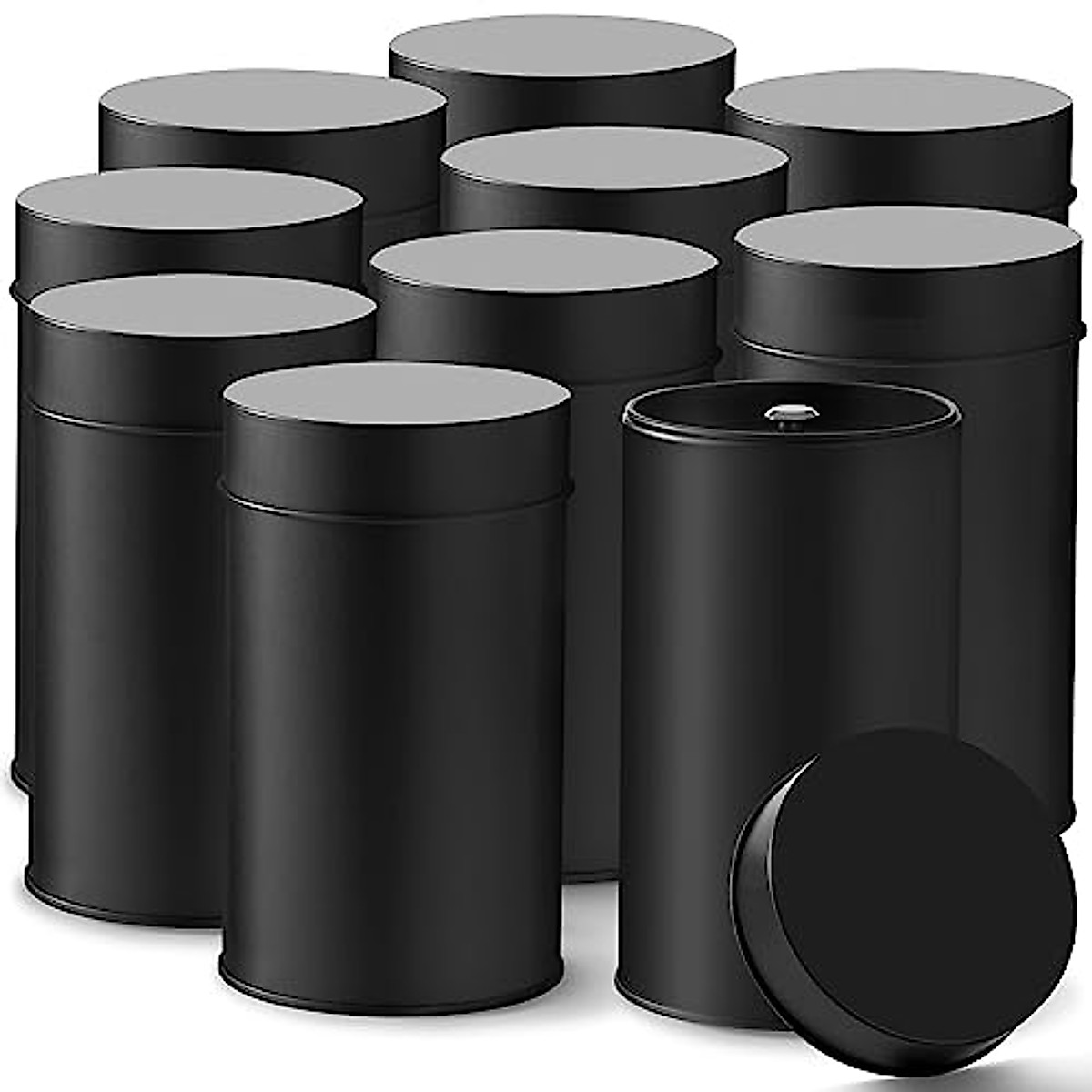 10 packs Tea Tin Canister Tea Tins for Loose Tea Metal Coffee container for ground Coffee Tea Canister 16 oz Round Tin Can with Airtight Double Lids Canister for Kitchen Storage（Black）
