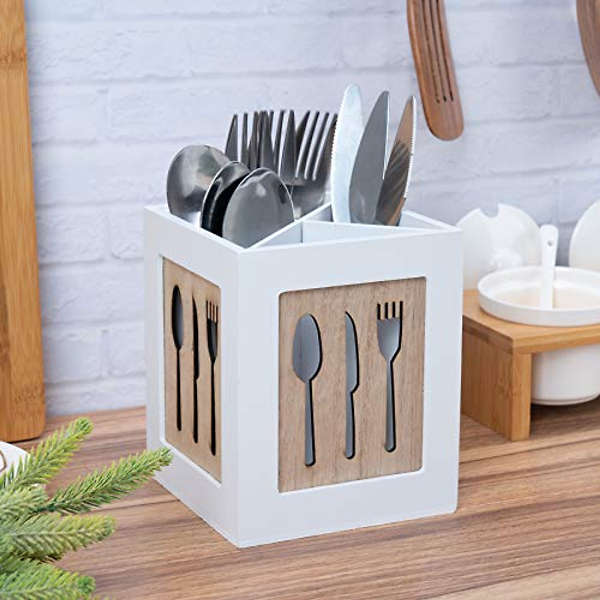 handrong Silverware Caddy Wooden Utensil Cutlery Flatware Caddy Utensils Holder Flatware Cutlery Storage Organizer Holds Spoons Forks Knifes for Kitchen