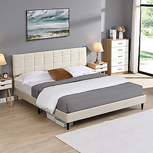 Jintop King Size Platform Bed Frame with Fabric Upholstered Headboard and Wooden Slats,No Box Spring Needed,Easy Assembly, Bedroom Furniture for Teens & Adults,Dark Beige