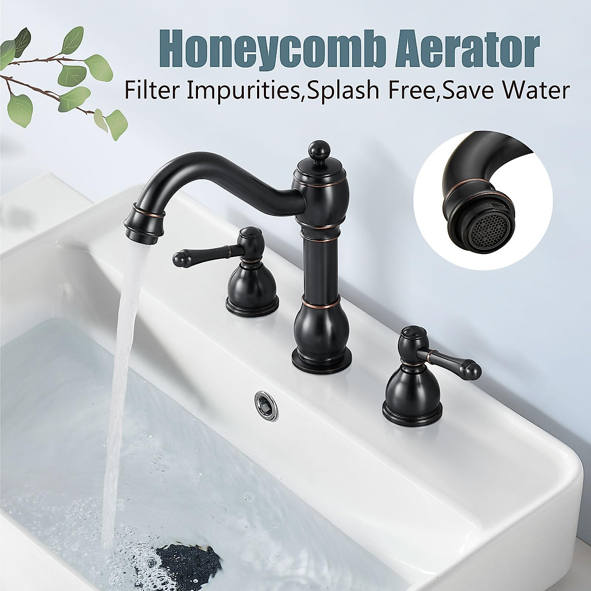 Aolemi 8 Inch Oil Rubbed Bronze Widespread Bathroom Sink Faucet Double Lever Handle 3 Holes Vanity Basin Mixer Tap Deck Mount with Pop Up Drain Assembly