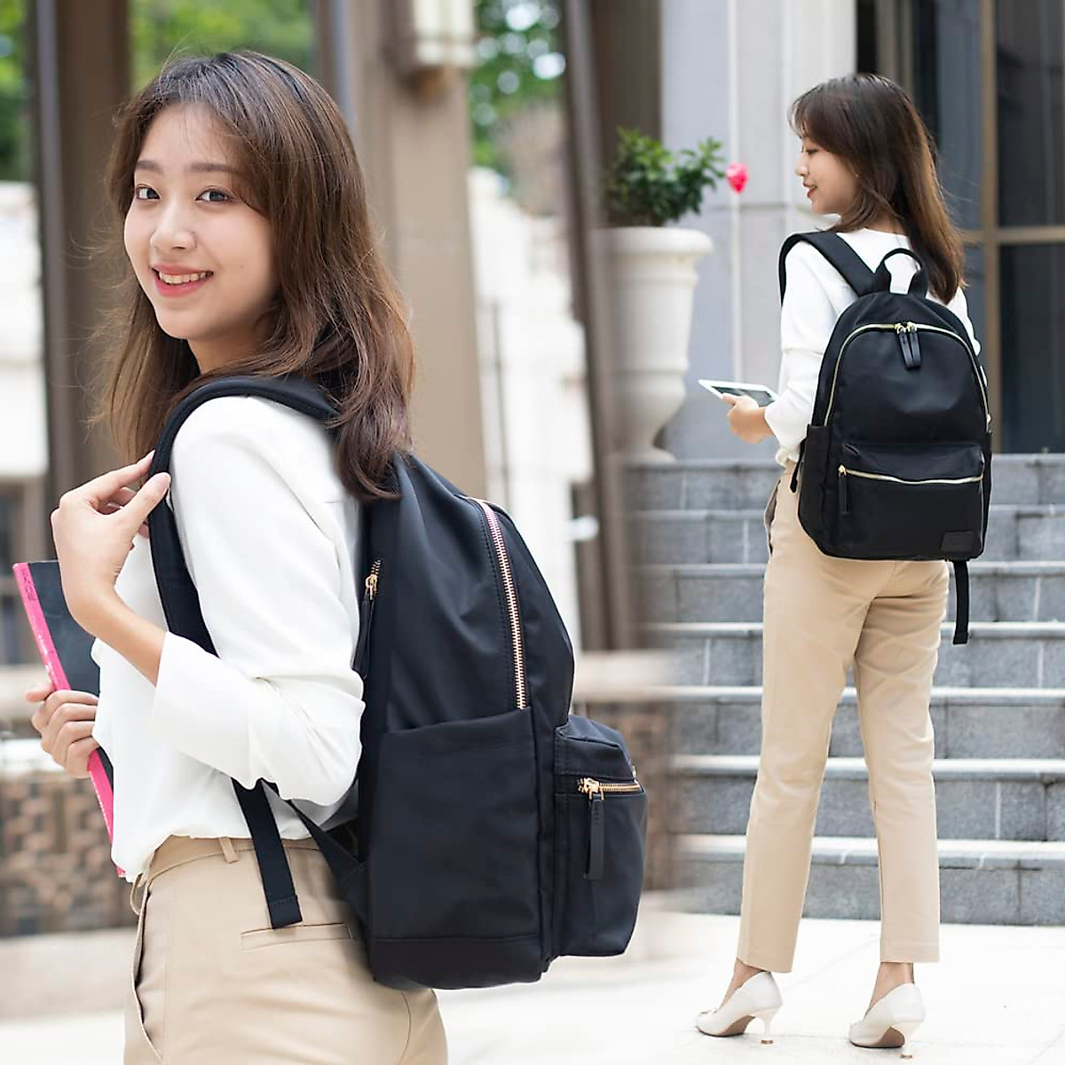 Camelia de Amour Women backpack purse Fashion Nylon Rucksack medium size (t295-115 black/gold Hardware)