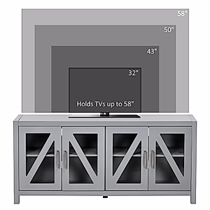 HOMCOM TV Cabinet Stand for TVs up to 58", Entertainment Center with Adjustable Shelves, 4 Glass Doors and 4 Cable Holes for Living Room, Gray