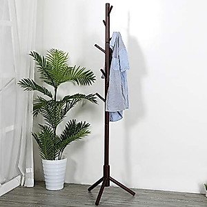 Vlush Sturdy Wooden Coat Rack Stand, Entryway Hall Tree Coat Tree with Solid Base for Hat,Clothes,Purse,Scarves,Handbags,Umbrella-(8 Hooks,Brown)