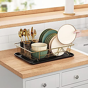 GSlife Dish Drying Rack with Drainboard - Dish Racks for Kitchen Counter, Dish Drainer with Utensil Holder, No Drain Spout, Gold and Black