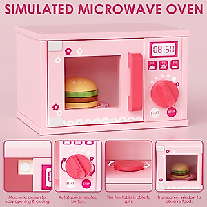 Wooden Microwave Toys Kitchen Play Set, Pretend Play Microwave with Play Food Including Hamburger Fish, Montessori Early Learning Toy Kitchen Accessories Gift for Boys Girls