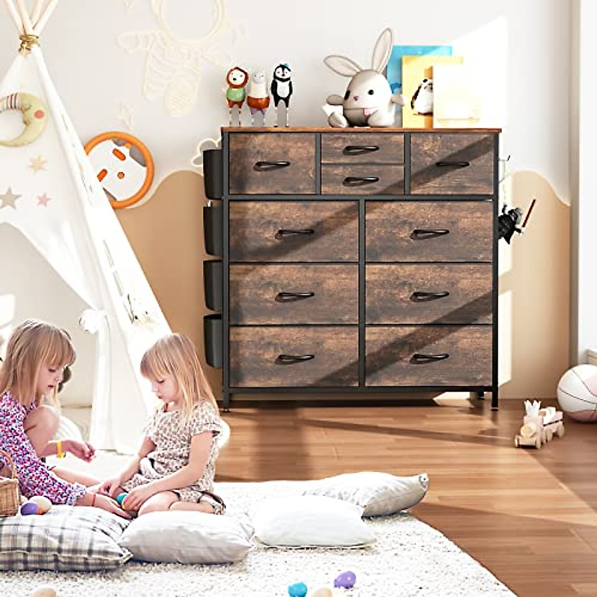 Himusi Dresser for Bedroom with 10 Drawers, Fabric Storage Tower with Side Pockets, Tall Chest of Drawers for Nursery, Hallway, Closets (Rustic Brown)