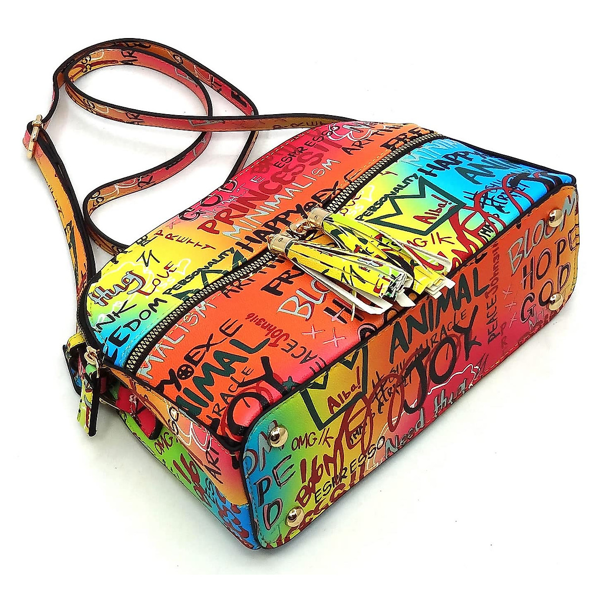 MIZUBA Multi Graffiti Tassel Zipper Crossbody Bag graffiti bags for spray cans graffiti art bag graffiti bags and purses (Blue/fuchsia)