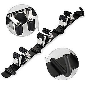 Goowin Broom Holder Wall Mount, Broom Holder, Heavy Duty Stainless Steel Broom and Mop Holder Wall Mounted with 3 Racks 4 Hooks for Bathroom Kitchen Office (Black)