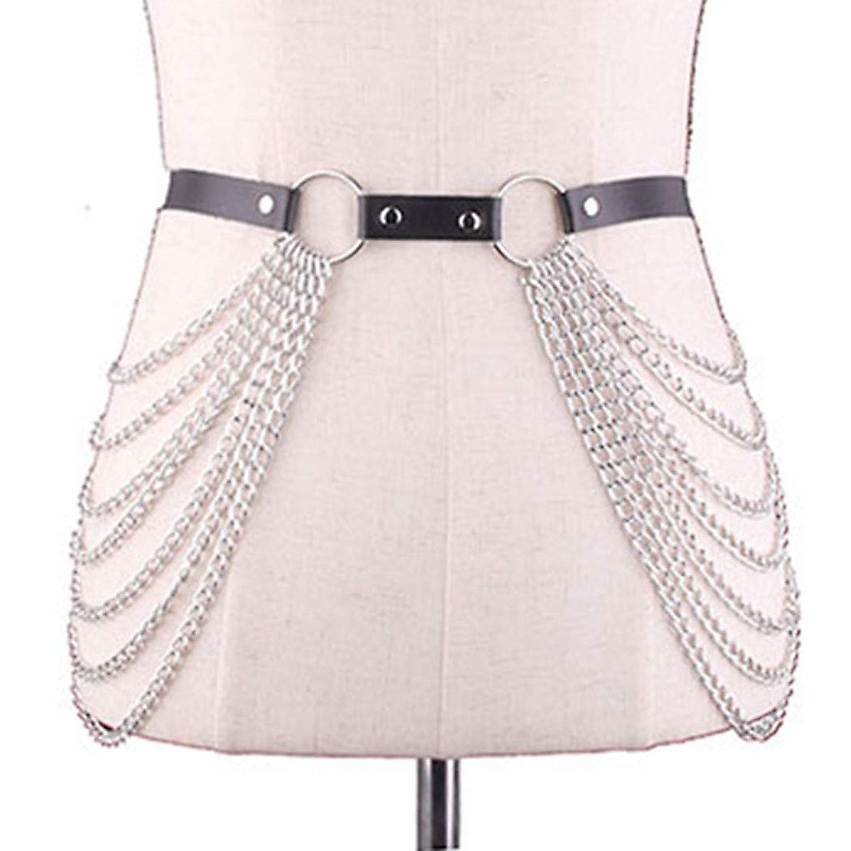 Zoestar Punk Leather Waist Chain Tassel Waist Harness Black Leather Body Belt Party Waist Cage for Women (Color 1)