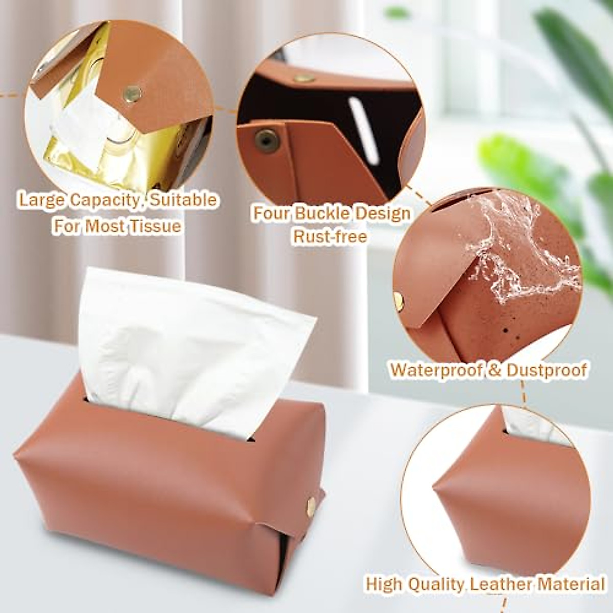 Soznveg Tissue Box Cover Rectangular, PVC Leather Tissue Box Holder, Facial Tissues Organizer, Napkin Paper Tissue Holder for Bathroom, Living Room, Dresser, Tabletop, Car, Office Decor, Brown
