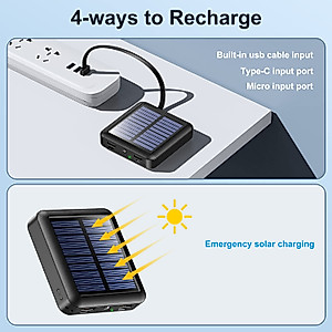 Solar Power Bank 12000mAh,Small Solar Charger Built in 4 Cables,USB C Input/Output,Dual Flashlight External Battery Portable Charger Power Bank for iPhone15/14/13/12/11/10/9/8,Tablet,Samsung (black)