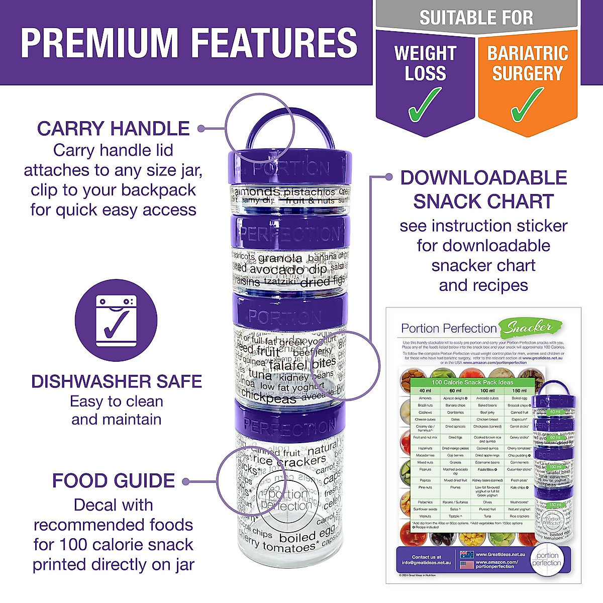 100 Cal Stackable Snack Containers for Weight Management, Food Portion Control Containers for Weight Control with Instructions for Men, Women and Bariatric Must-Haves (Purple)