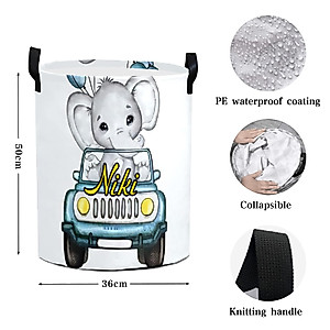 BigBigift Little Elephant with Car Laundry Basket Personalized with Name Laundry Hamper with Handle Organizer Storage Bin Bedroom Decor for Boys Girls Adults