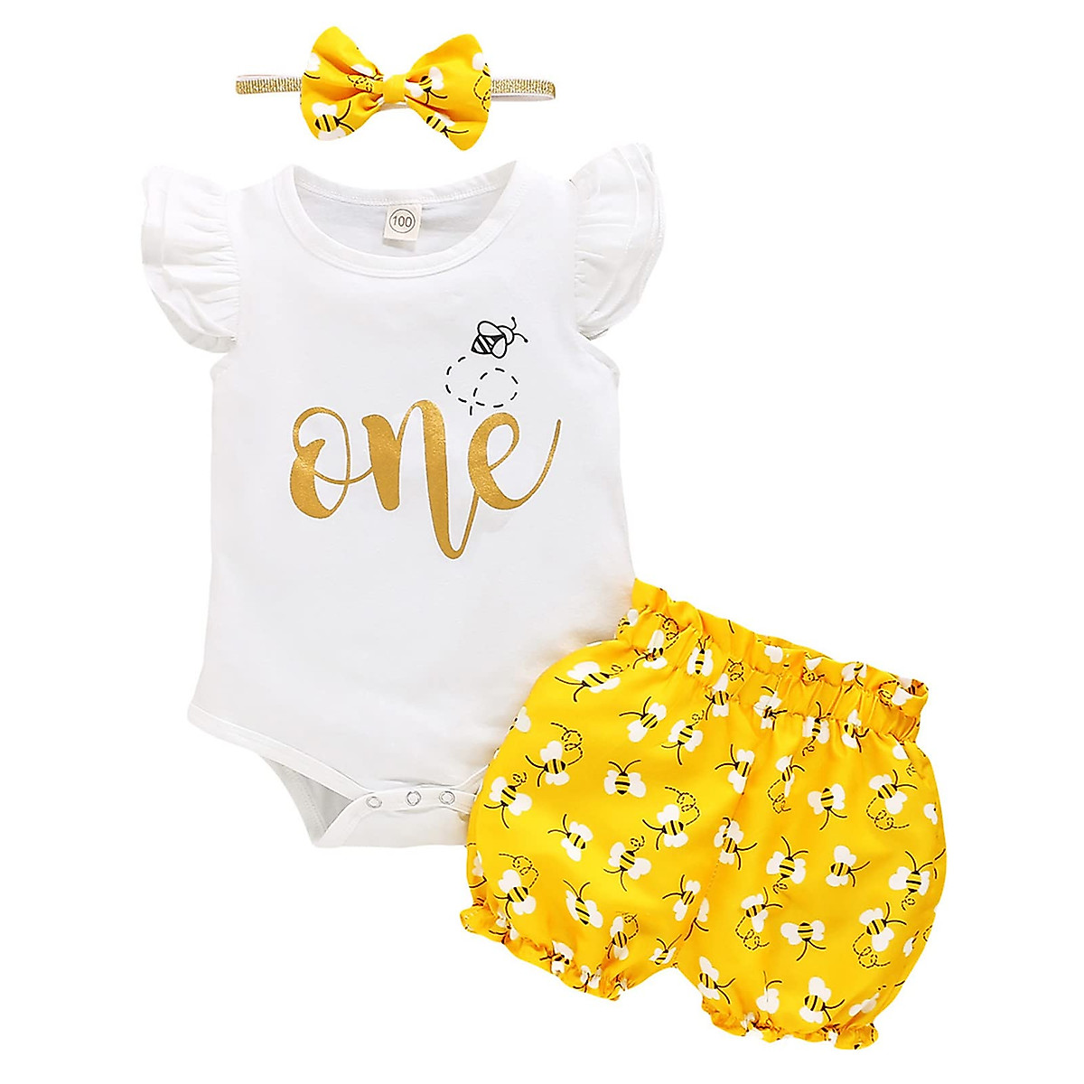 GRNSHTS Baby Girl One Birthday Outfits Honey Bee Ruffle Sleeve Romper+Bumble Bee Shorts+Headband 3Pcs Summer Clothes 12-18 Months