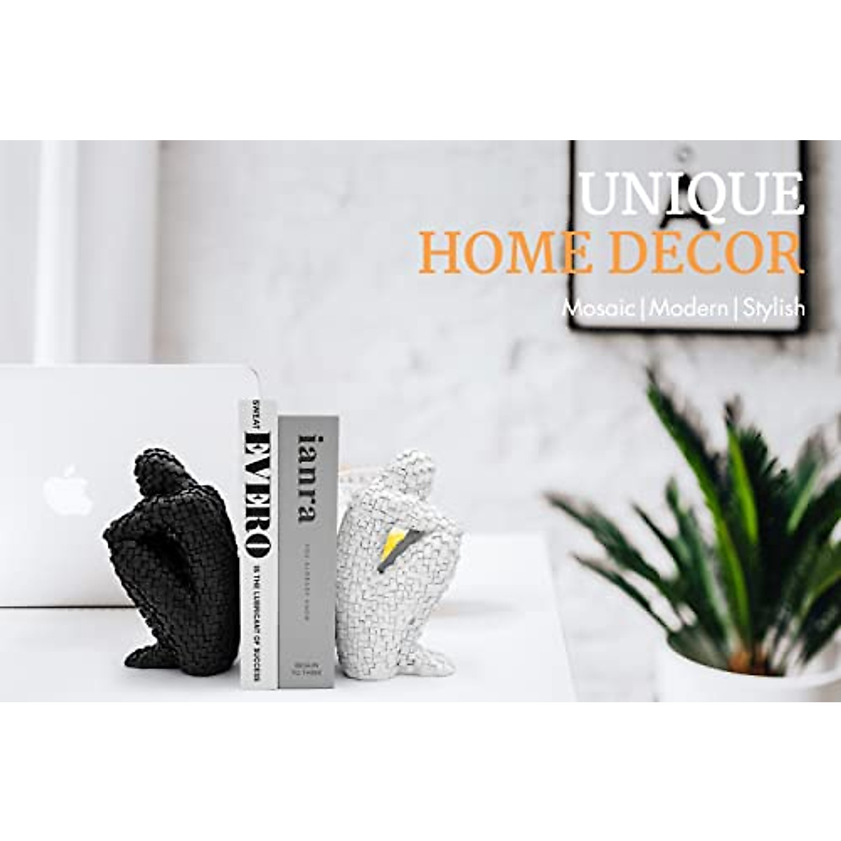 Hutyio Decorative Bookends Mosaic Figurine, Unique Book Ends to Hold Books Heavy Duty for Home, Shelf, Office, Table and Desk Decor(Set of 2 Black and White)