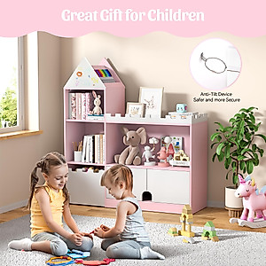 Decofy Toy Storage Organizer, Wood Kids Castle Bookshelf, 6 Cubby Children Bookcase, Montessori Book Shelf for Nursery, Playroom, Living Room [Size: 39.4" L* 11.8" W * 39.4" H] Pink