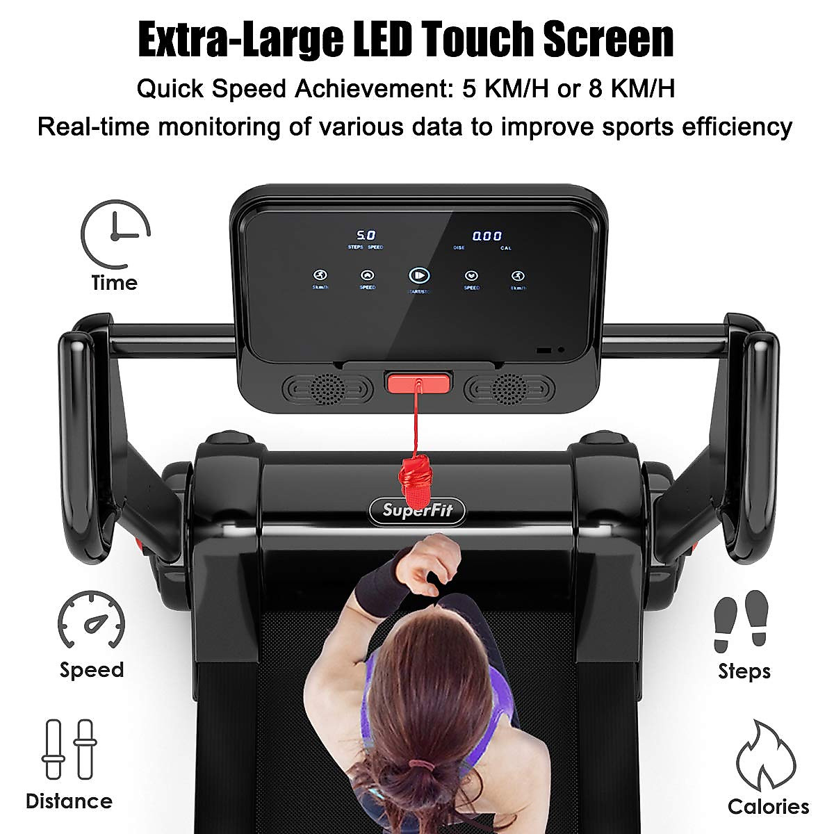 GYMAX Folding Treadmill, 2.25HP Electric Motorized Running Walking Machine with LED Touch Screen, Portable Cardio Workout Treadmill for Home Gym Office (Black)