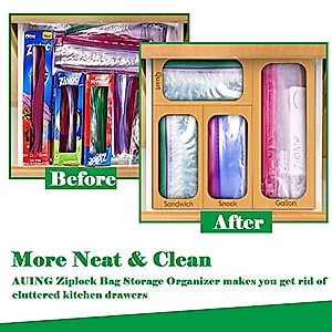 AUING Ziplock Bag Organizer,Bamboo Kitchen Baggie Organizer for Ziploc Bag Include Gallon Quart Snack and Sandwich Bag Dispenser Compatible with Ziploc, Solimo, Glad, Hefty ect, Set of 4